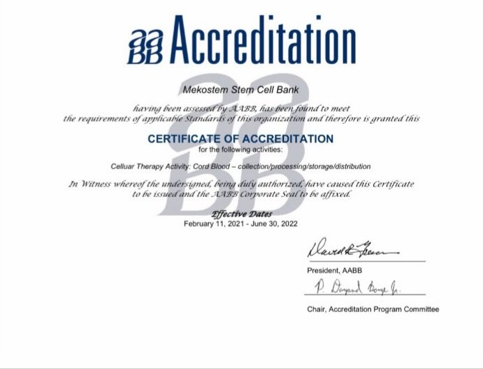 MEKOSTEM STEM CELL BANK ACHIEVE AABB CERTIFICATE - MekoStem